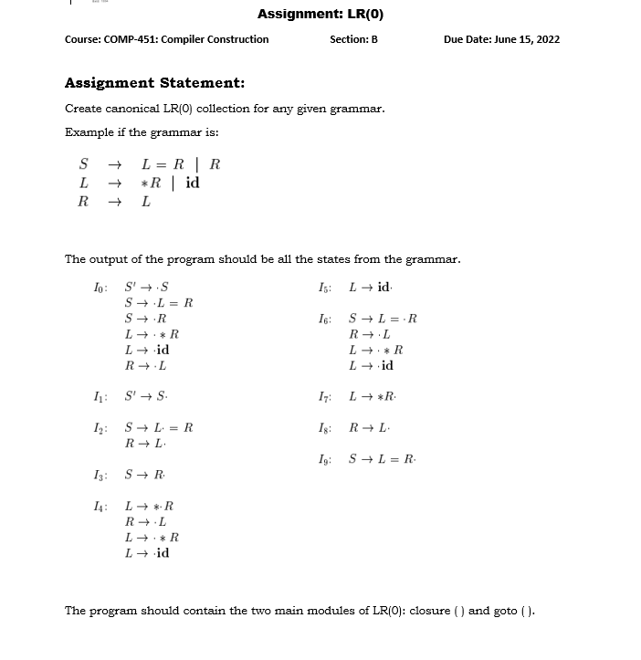 Solved Assignment: LR(0) Course: COMP-451: Compiler | Chegg.com