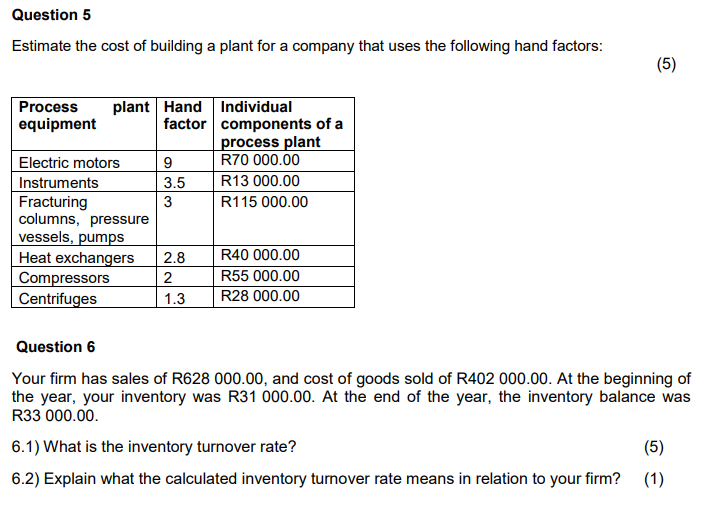Solved Question 5 Estimate the cost of building a plant for | Chegg.com