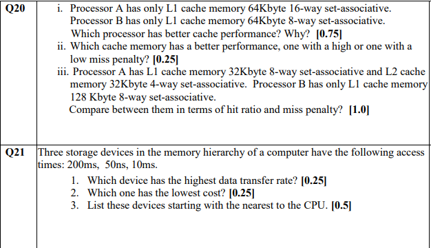 Solved Q20 i. Processor A has only Ll cache memory 64Kbyte | Chegg.com