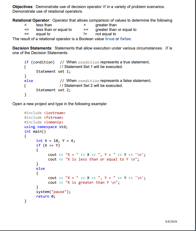 Solved else Objectives: Demonstrate use of decision operator | Chegg.com