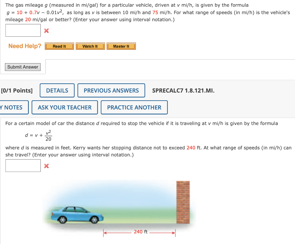 Solved The gas mileage g (measured in mi/gal) for a | Chegg.com