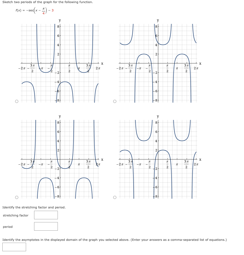Solved f(x)=−sec(x−4π)−3 Identify the stretching factor and | Chegg.com