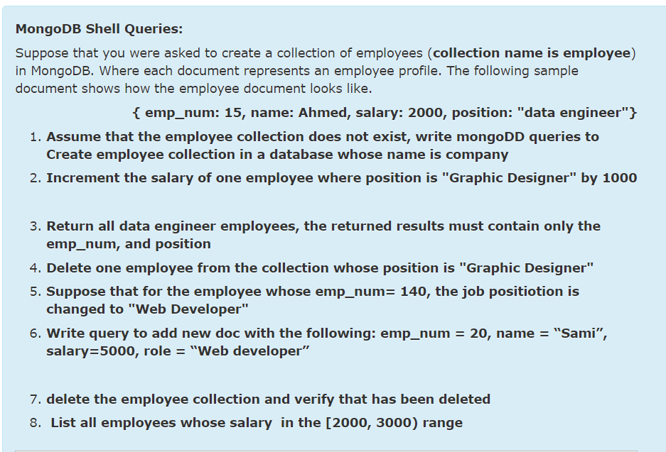 Solved MongoDB Shell Queries: Suppose that you were asked to | Chegg.com