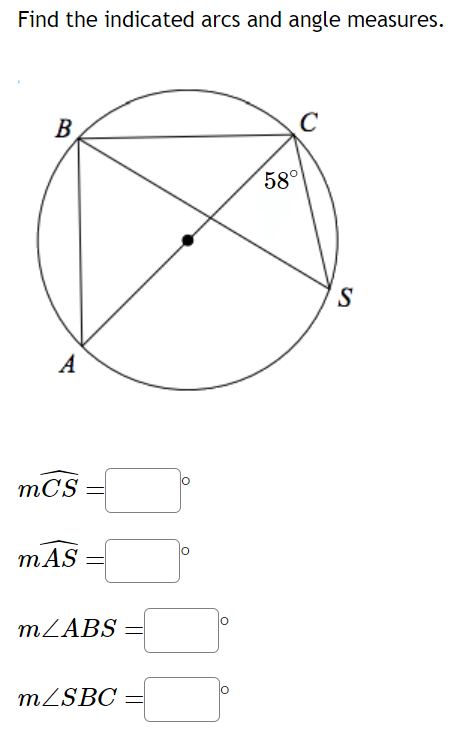 Solved Find the indicated arcs and angle | Chegg.com