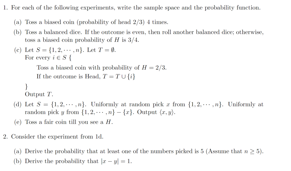 1. For each of the following experiments, write the | Chegg.com