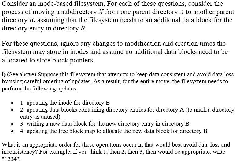 Consider an inode-based filesystem. For each of these | Chegg.com