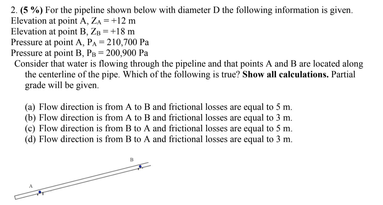 Solved 2 5 For The Pipeline Shown Below With Diameter