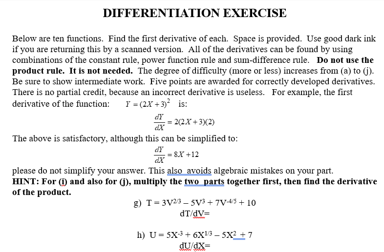 Solved DIFFERENTIATION EXERCISEBelow are ten functions. Find | Chegg.com