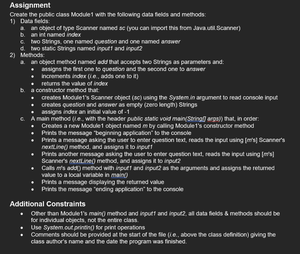 Solved a. O Assignment Create the public class Module 1 with | Chegg.com