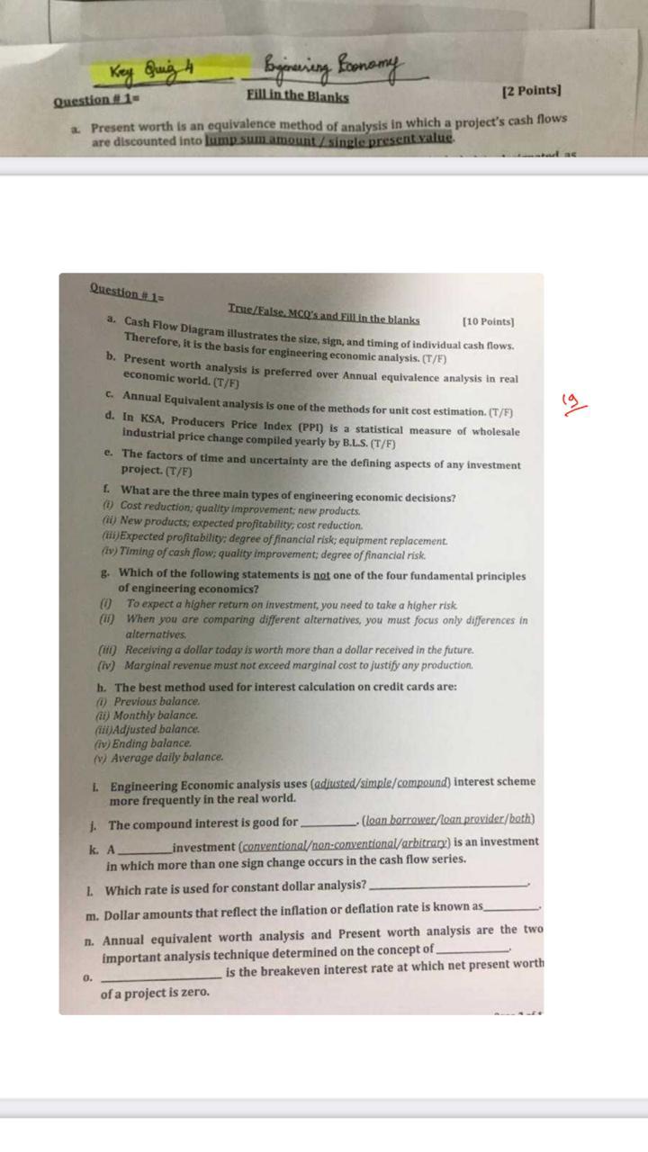 Key Quig 4 beginering Economy Fill in the Blanks | Chegg.com