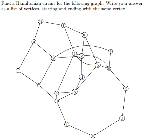 Solved Find a Hamiltonian circuit for the following graph. | Chegg.com