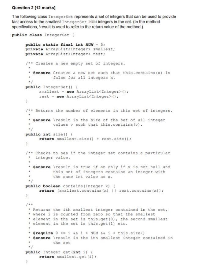 Solved Question 2 [12 marks] The following class IntegerSet | Chegg.com