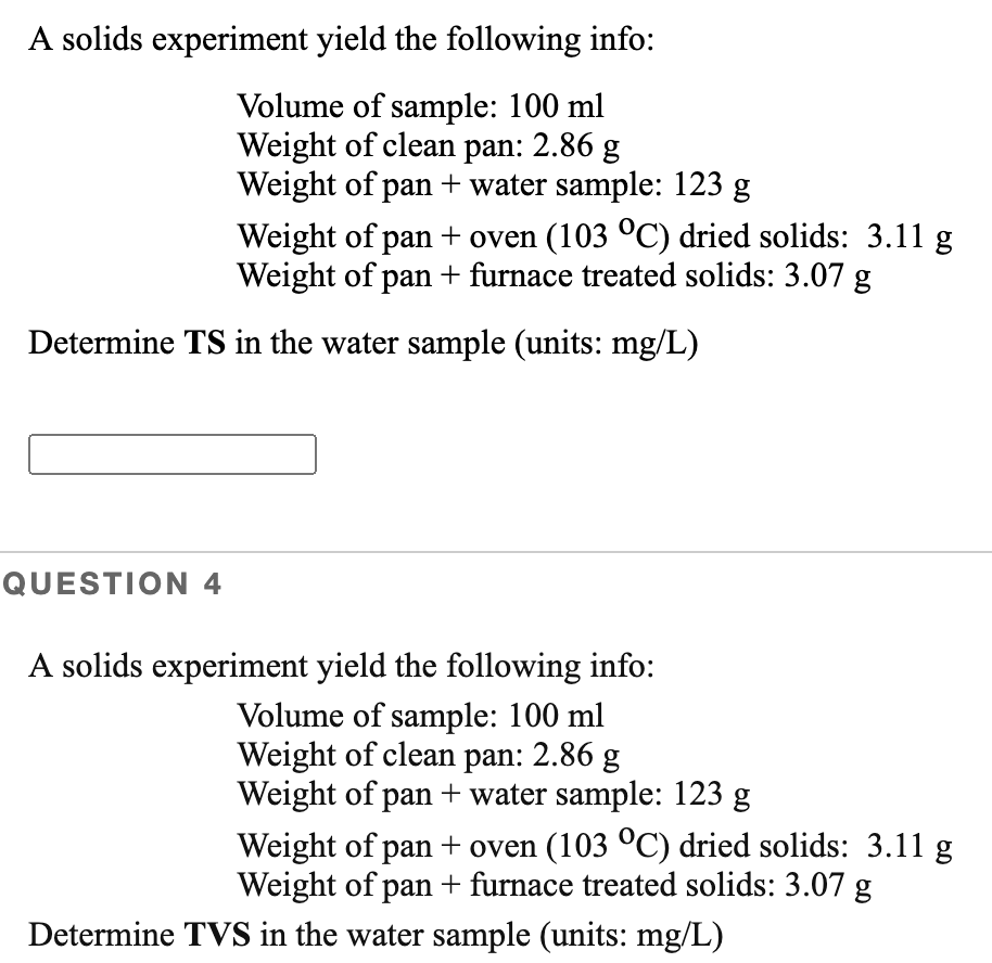 Solved A solids experiment yield the following info: Volume | Chegg.com