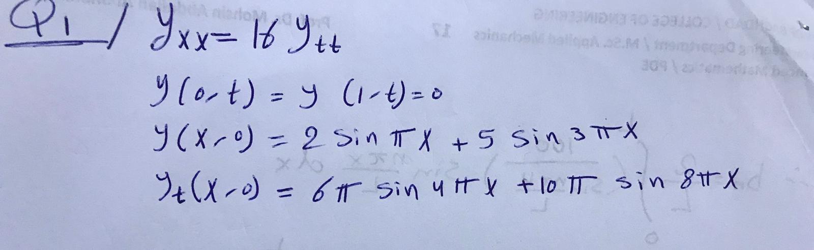 Solved yxx=16ytt y(0,t)=y(1−t)=0 y(x,0)=2sinπx+5sin3πx | Chegg.com