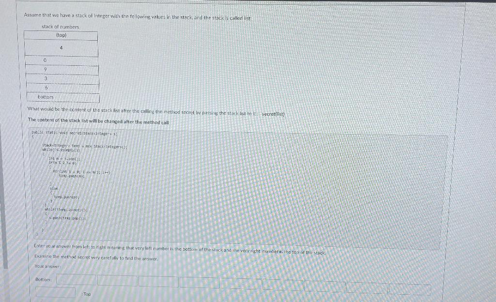 Solved Assume that we have a stack of Integer with the | Chegg.com