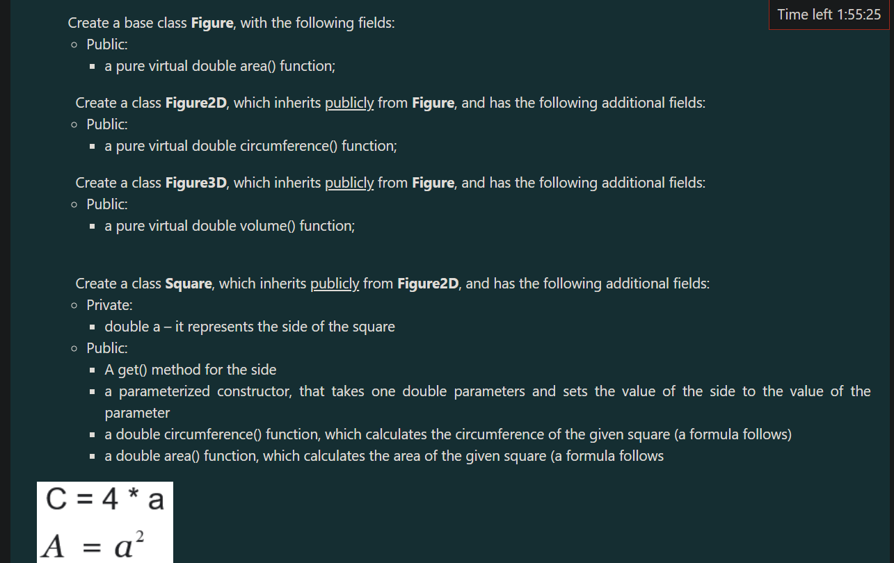 Solved Time left 1:55:25 Create a base class Figure, with | Chegg.com