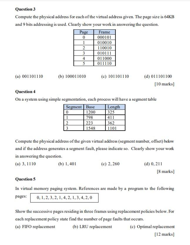 Solved Question 3 Compute the physical address for each of | Chegg.com