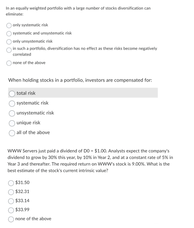 Solved In an equally weighted portfolio with a large number | Chegg.com