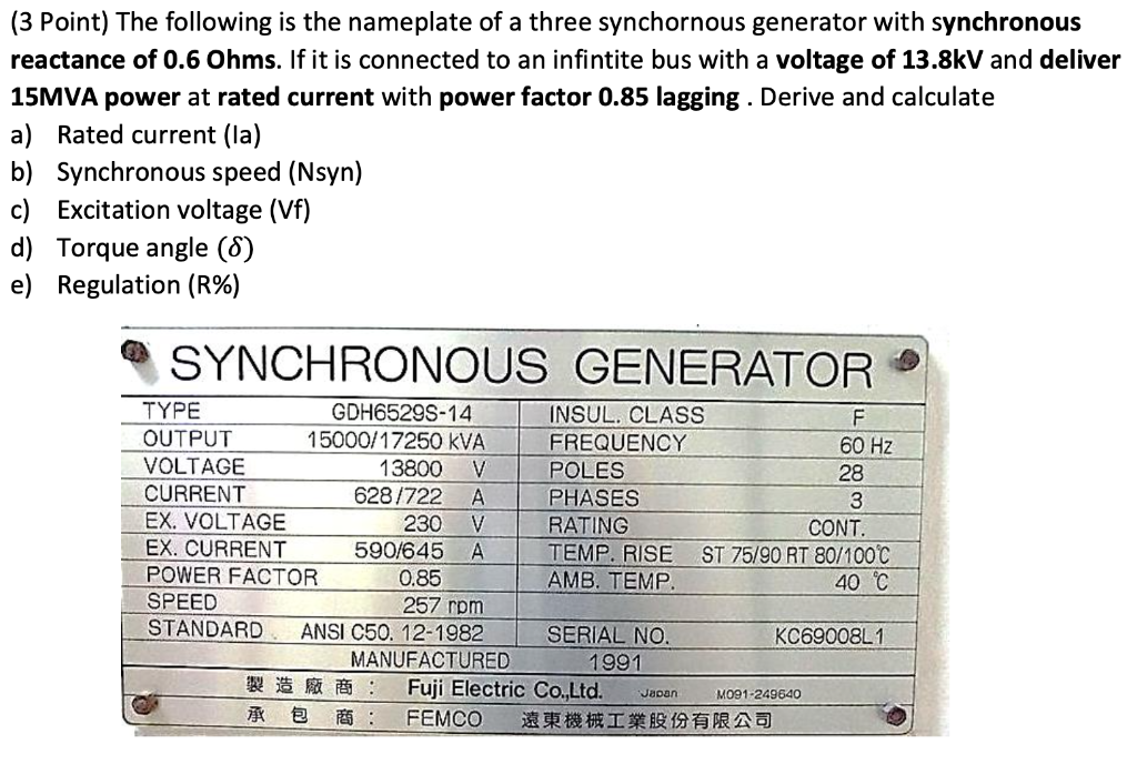 Solved (3 Point) The following is the nameplate of a three | Chegg.com