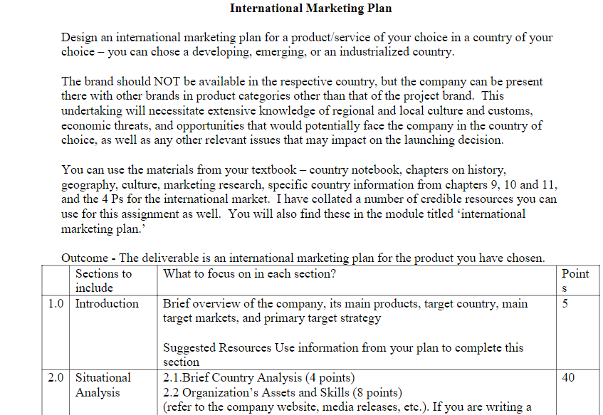 International Marketing Plan Design an international | Chegg.com