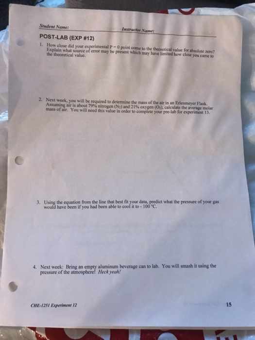 Student Name Instructor Name: POST-LAB (EXP #12) 1. | Chegg.com