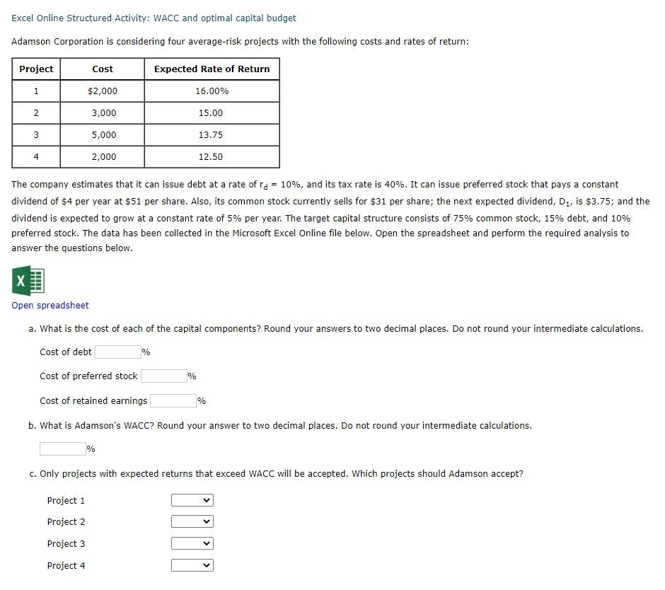 Solved Excel Online Structured Activity: WACC and optimal | Chegg.com