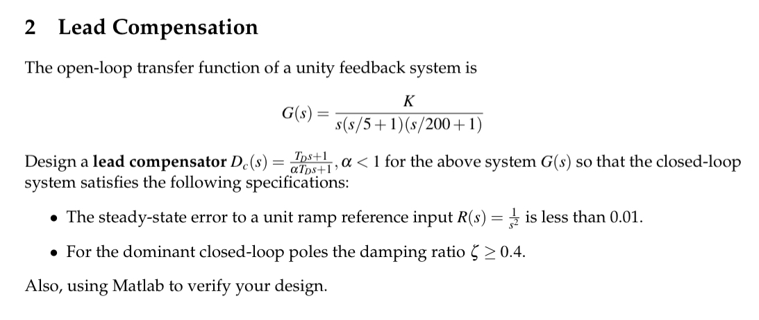Solved 2 Lead Compensation The open-loop transfer function | Chegg.com