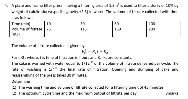 Solved 4. A plate and frame filter press, having a filtering | Chegg.com