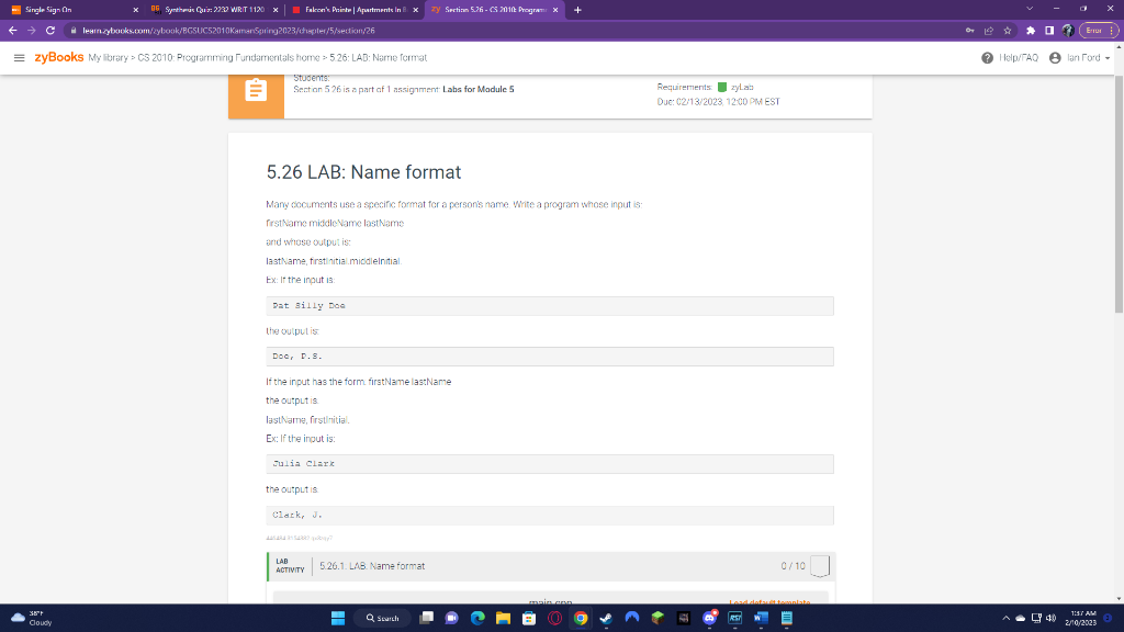Solved 5.26 LAB: Name format Many cocuments use a seecific | Chegg.com