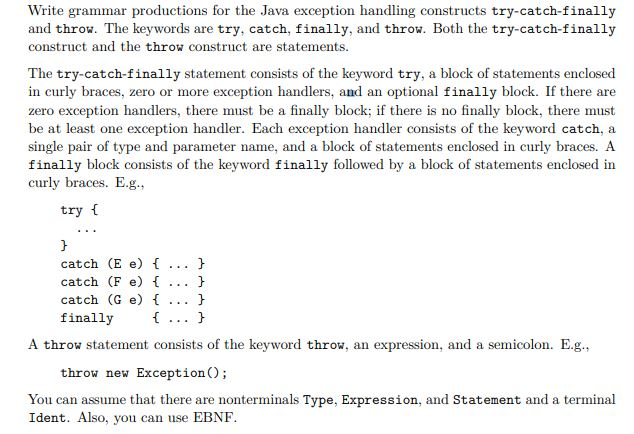 Write grammar productions for the Java exception | Chegg.com