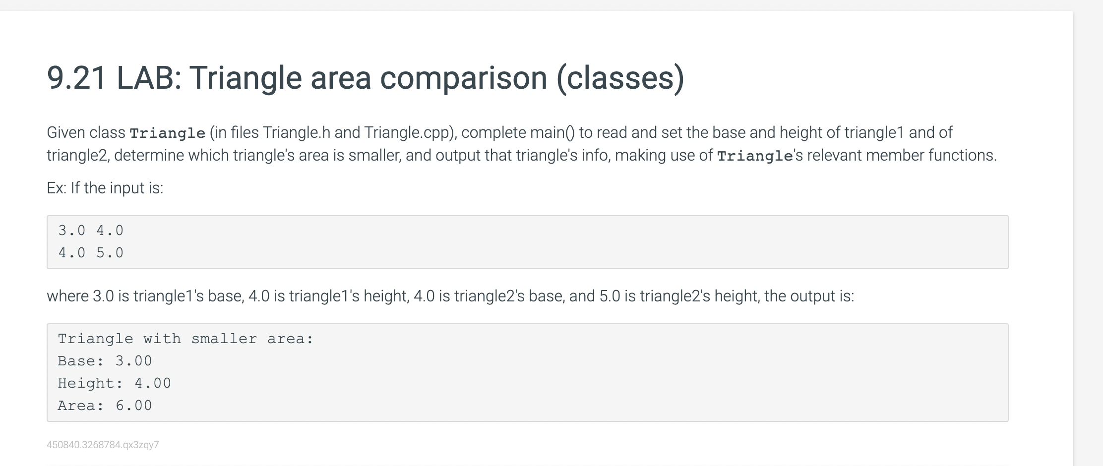 Solved 9.21 LAB: Triangle area comparison (classes) Given | Chegg.com