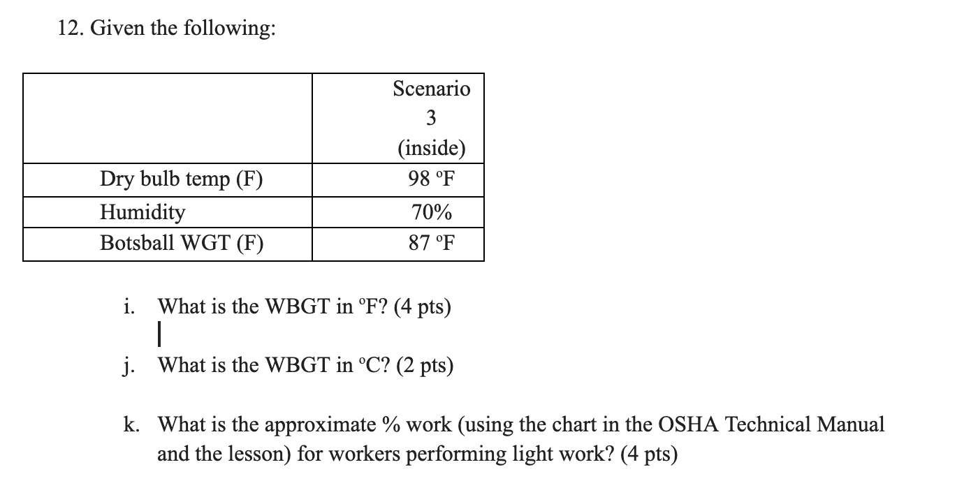 [Solved]: 12. Given the following: i. What is the WBGT in F