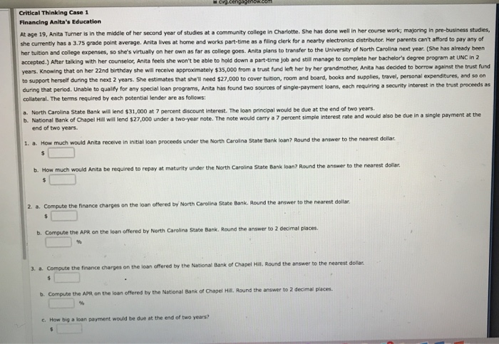 Solved Critical Thinking Case 1 Financing Anita's Education | Chegg.com