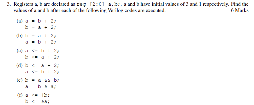 Solved 3. Registers a, b are declared as reg [2:0] a,b;. a | Chegg.com