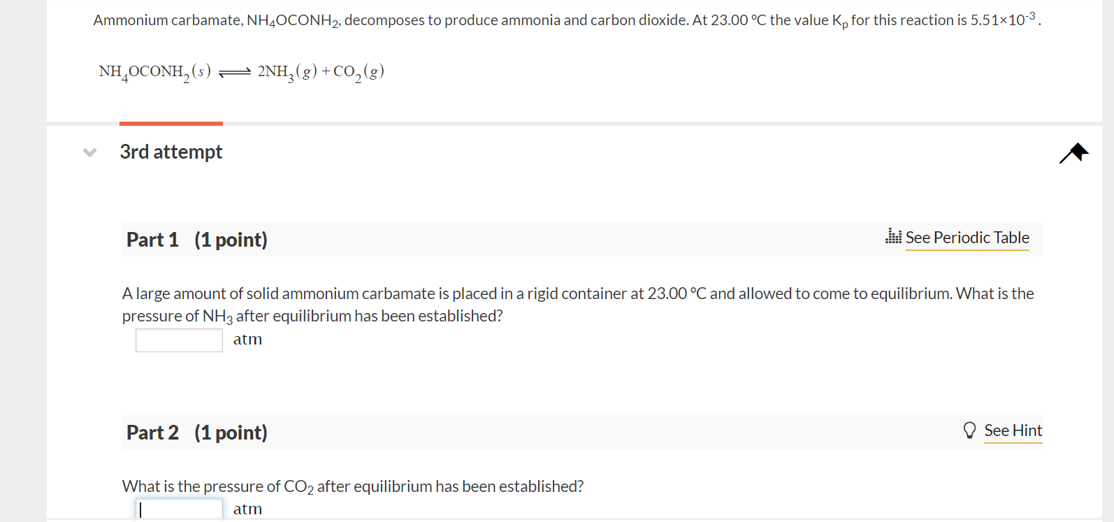 Solved Ammonium carbamate, NH4OCONH2, decomposes to produce | Chegg.com