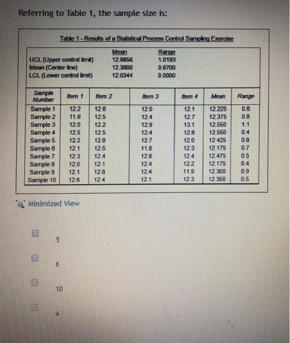 Solved Referring to Table 1, the mean of sample 8 is Table | Chegg.com