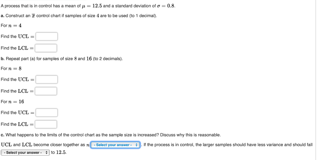 Solved A process that is in control has a mean of μ = 12.5 | Chegg.com