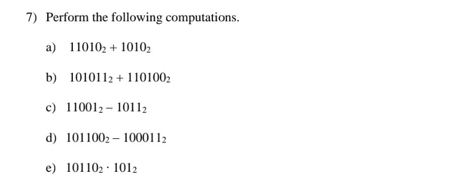 Solved 7) Perform the following computations. a) 110102 | Chegg.com