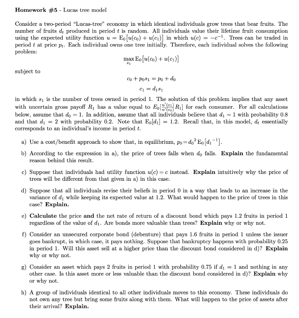 Homework #5 - Lucas tree model 51 Consider a | Chegg.com