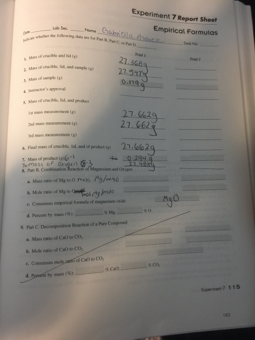 Experiment 7 Report Sheet Empirical Formulas iadiate | Chegg.com