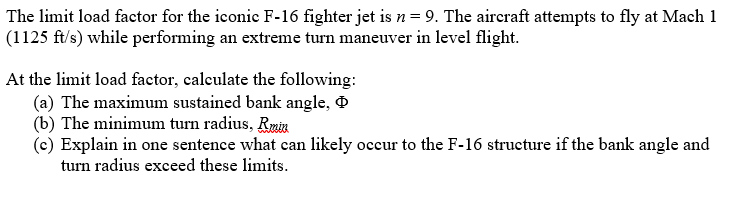Solved The limit load factor for the iconic F-16 fighter jet | Chegg.com