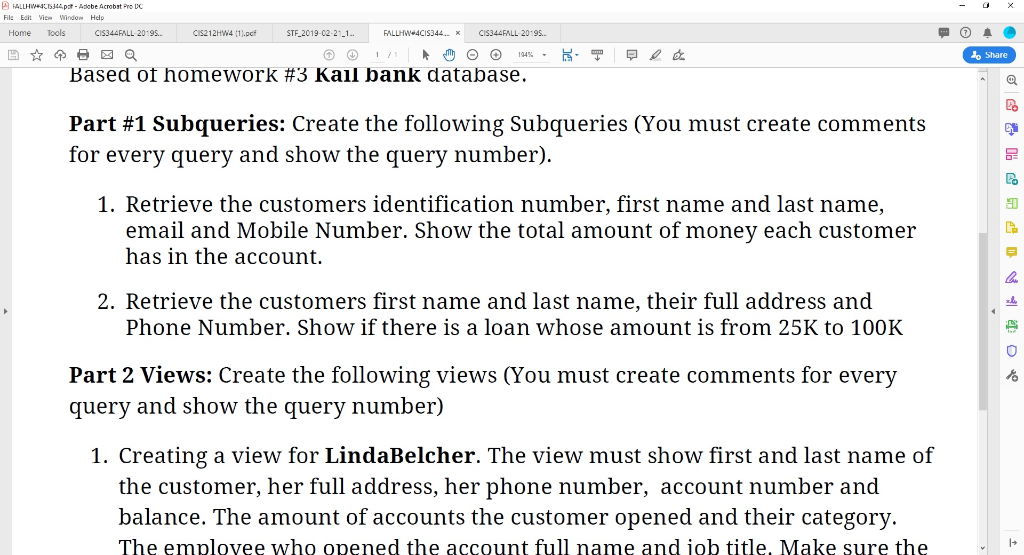 Solved Based of homework #3 Rail bank database. Part #1 | Chegg.com