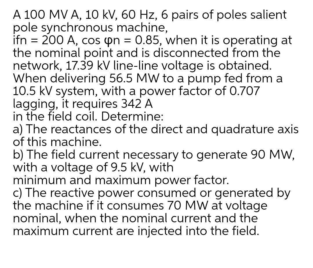 Solved = = A 100 MVA, 10 kV, 60 Hz, 6 pairs of poles salient | Chegg.com