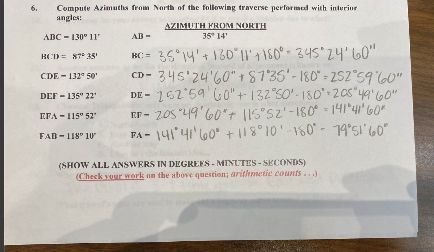 Solved 6. Compute Azimuths from North of the following | Chegg.com