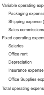 Solved Variable operating exp Packaging expense Shipping | Chegg.com