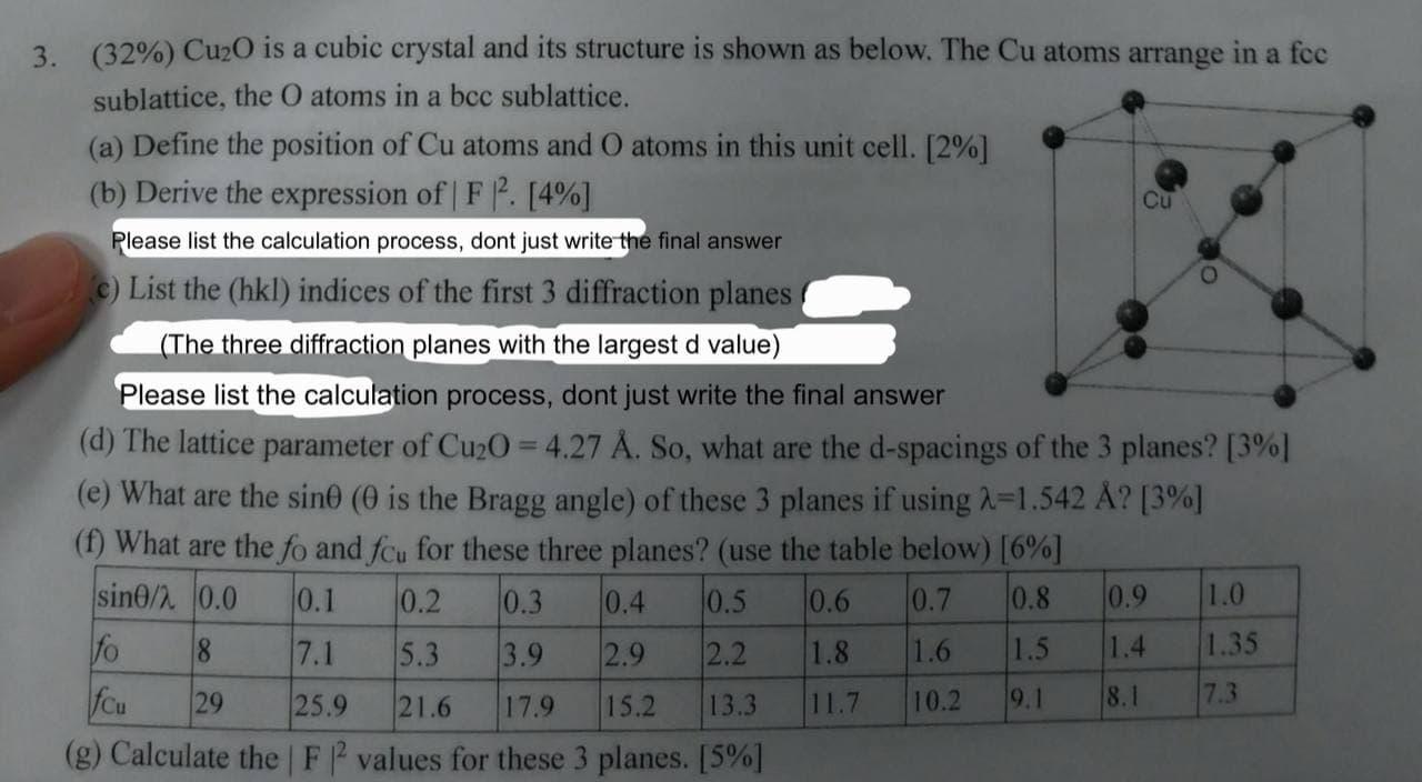 Solved a CU 3. (32%) Cu20 is a cubic crystal and its | Chegg.com