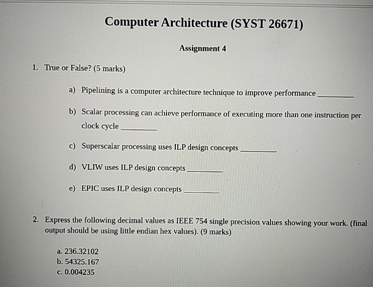 Solved Computer Architecture (SYST 26671) Assignment 4 1. | Chegg.com