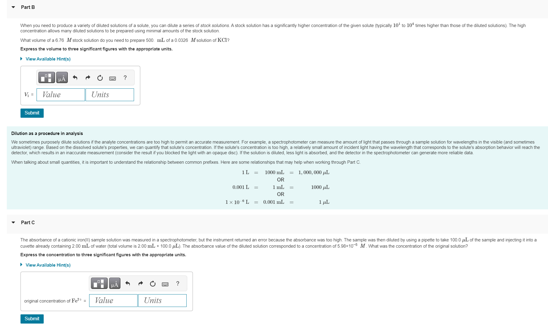Solved Part Bconcentration allows many diluted solutions to | Chegg.com