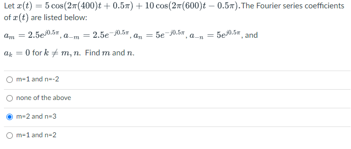 Solved Let x (t) = 5 cos(2π(400)t +0.5π) + 10 cos(2π(600)t - | Chegg.com