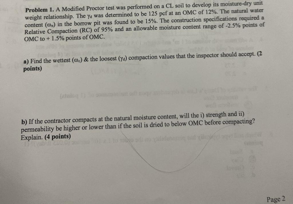 Solved Problem 1. A Modified Proctor test was performed on a | Chegg.com